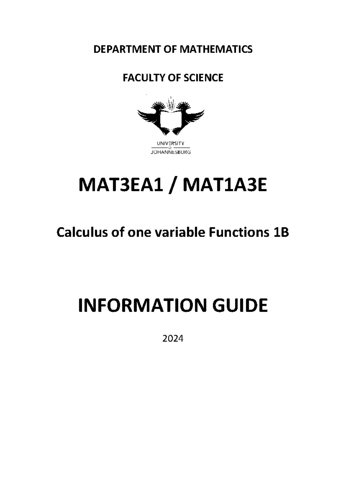 Study Guide for Calculus of One Variable MAT1A3E - 2024 Overview - Studocu