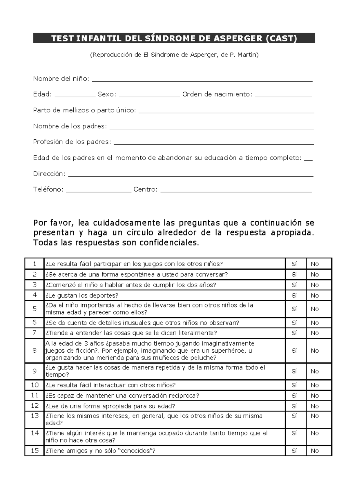 Test CAST para la Identificación del Síndrome de Asperger Infantil ...