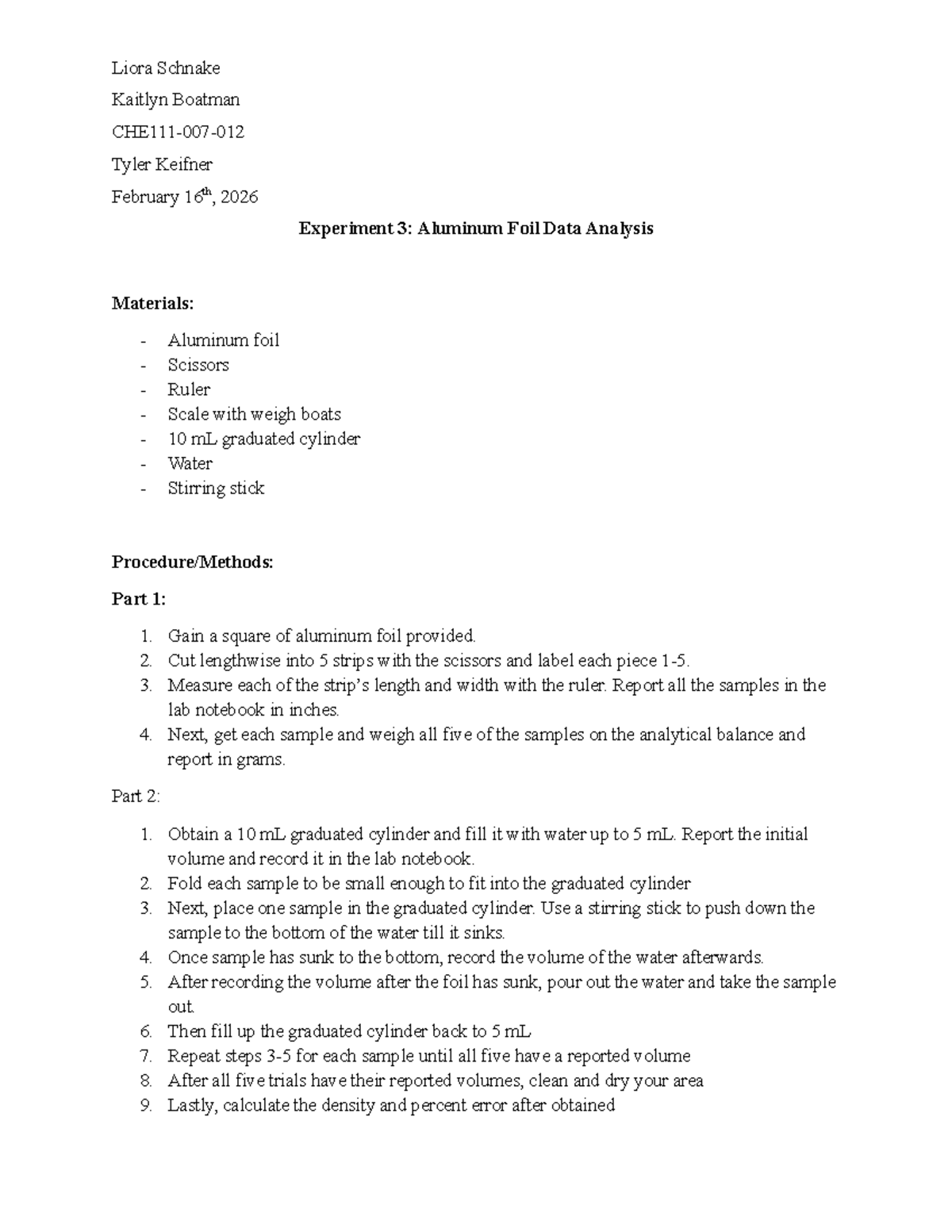 Experiment 3: Data Analysis of Aluminum Foil - Intro to Lab Techniques ...