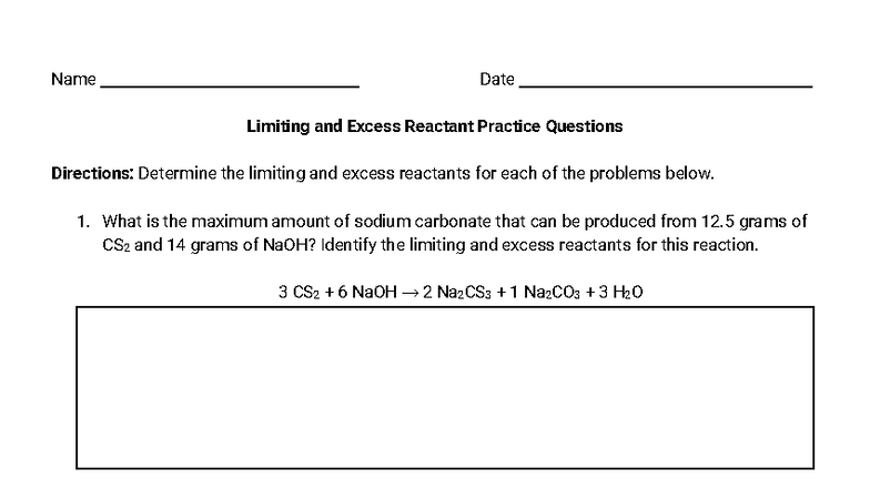 Limiting Excess Reactant Practice Questions Chem 101 Studocu