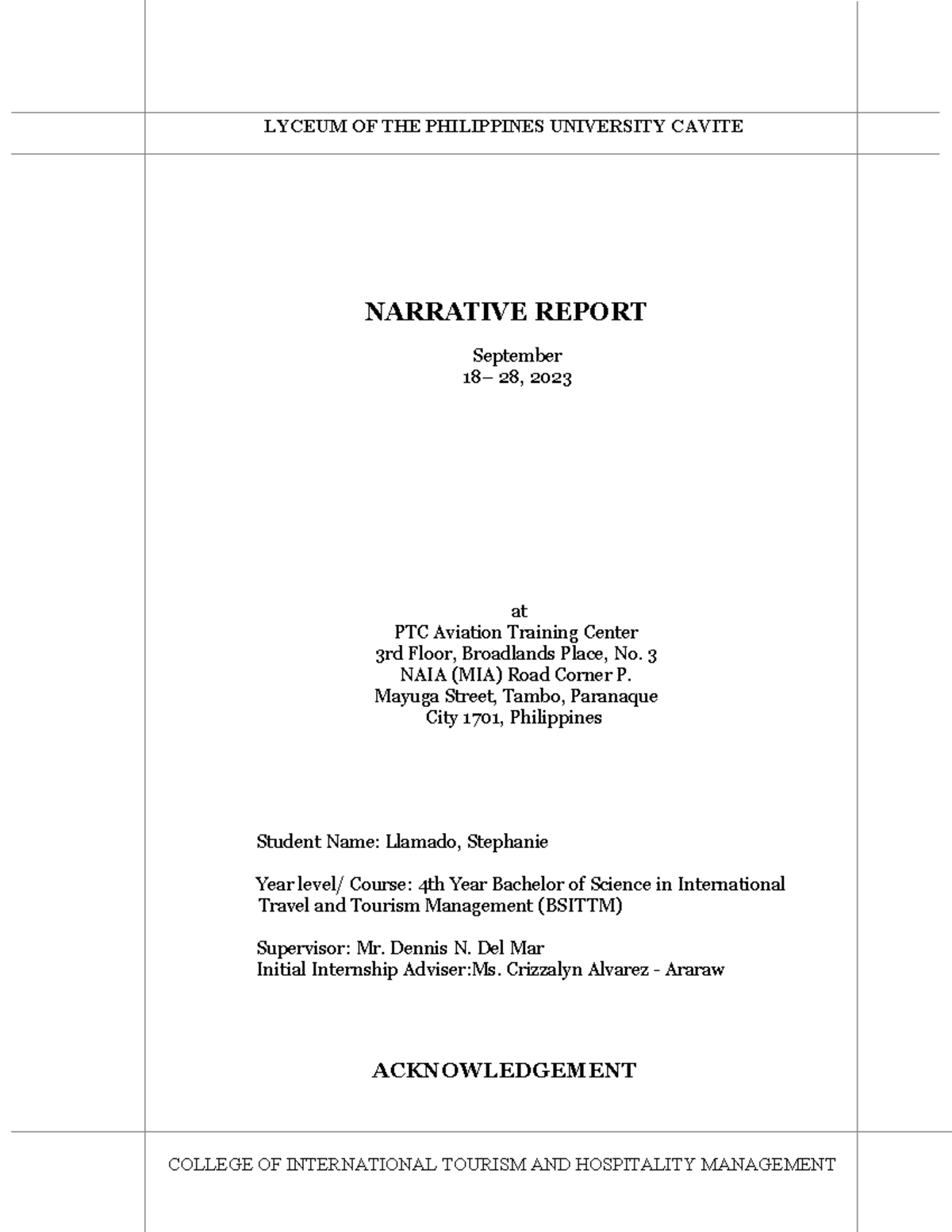 Narrative Report on Internship Experience at PTC Aviation Training ...