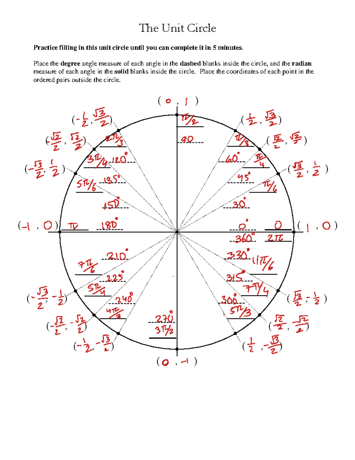 Blank Unit Circle Practice - Fill in Degrees & Radians - Studocu