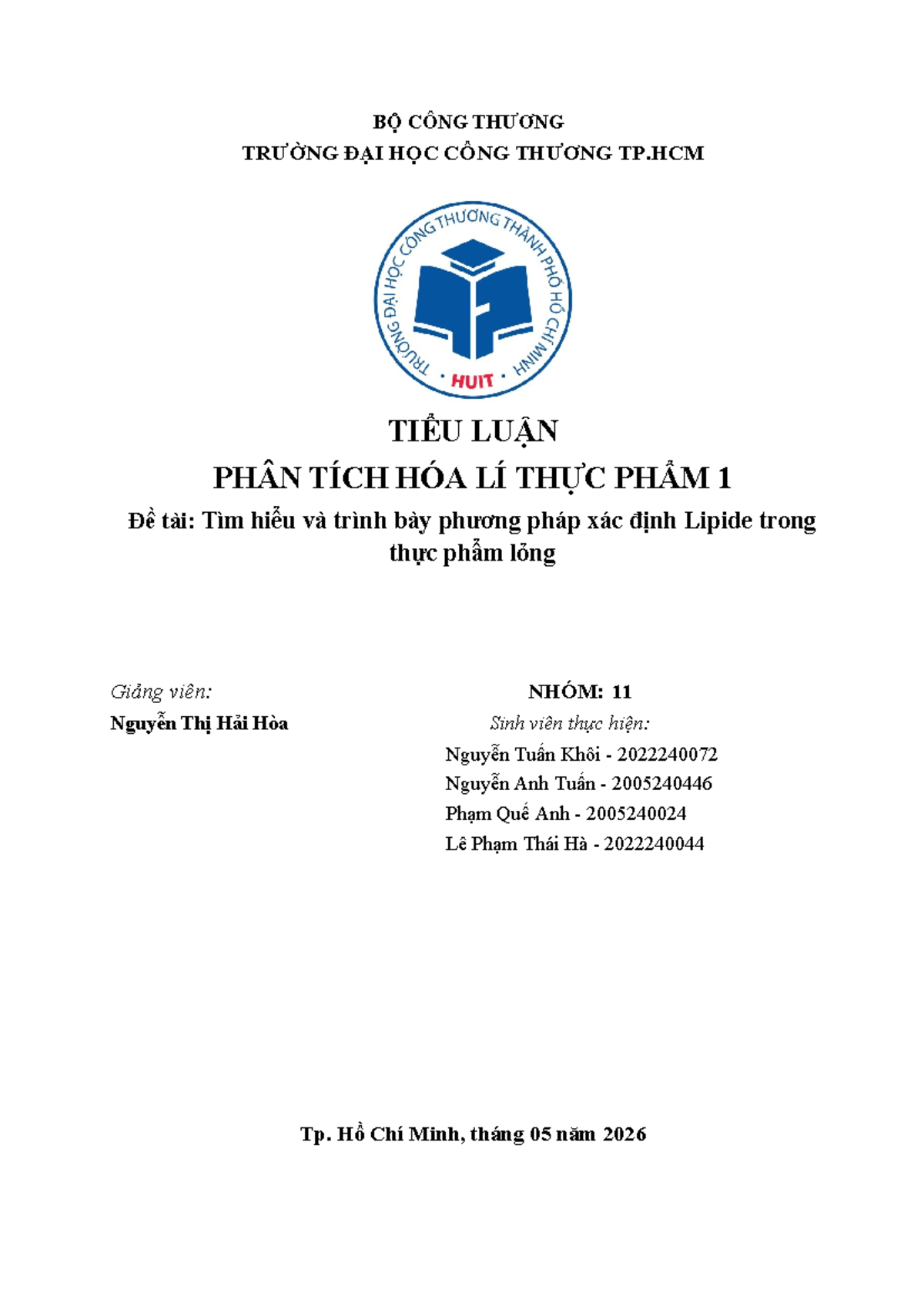 Tiểu luận PTHLTP 1: Phân Tích Lipide Trong Thực Phẩm Lỏng Nhóm 11 - Studocu