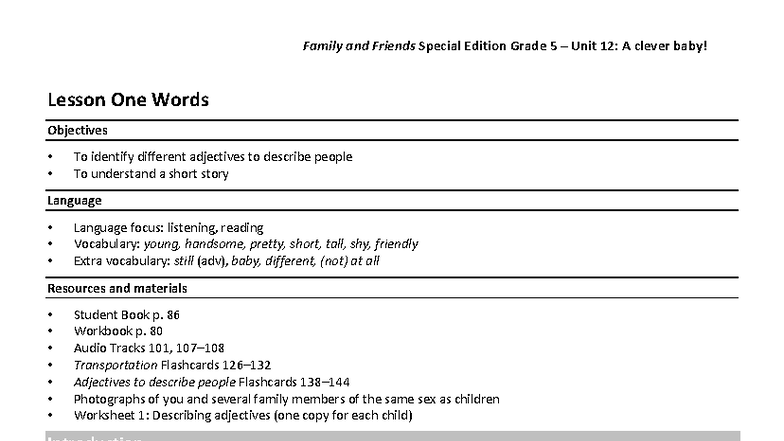 Family and Friends Special Edition G5 Unit 12: A Clever Ba! Lesson Plan ...