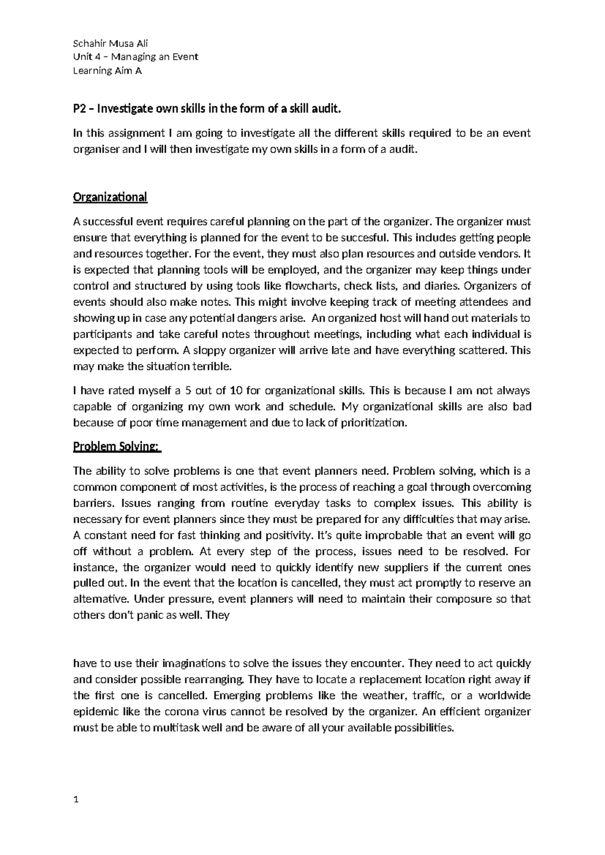 Unit 4 P2 Skill Audit: Managing an Event by Schahir Musa Ali - Studocu