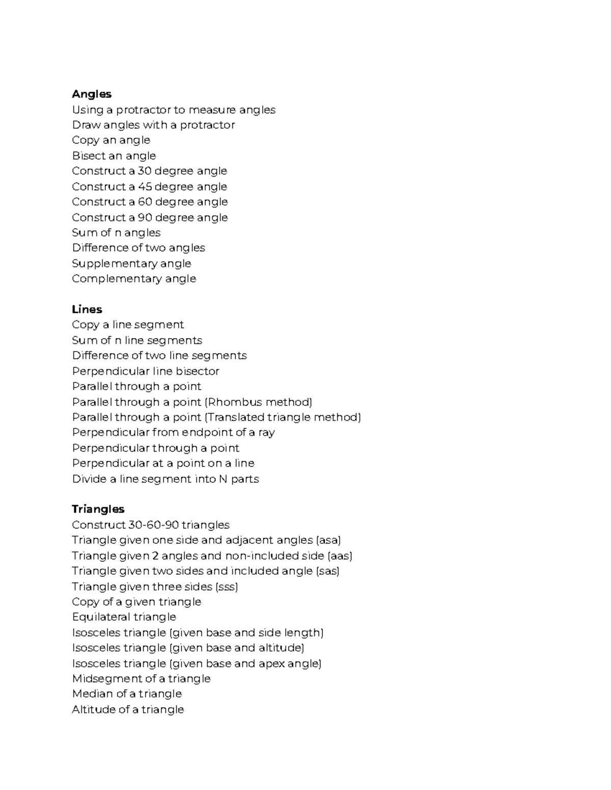 Constructions checklist - Angles Using a protractor to measure angles ...