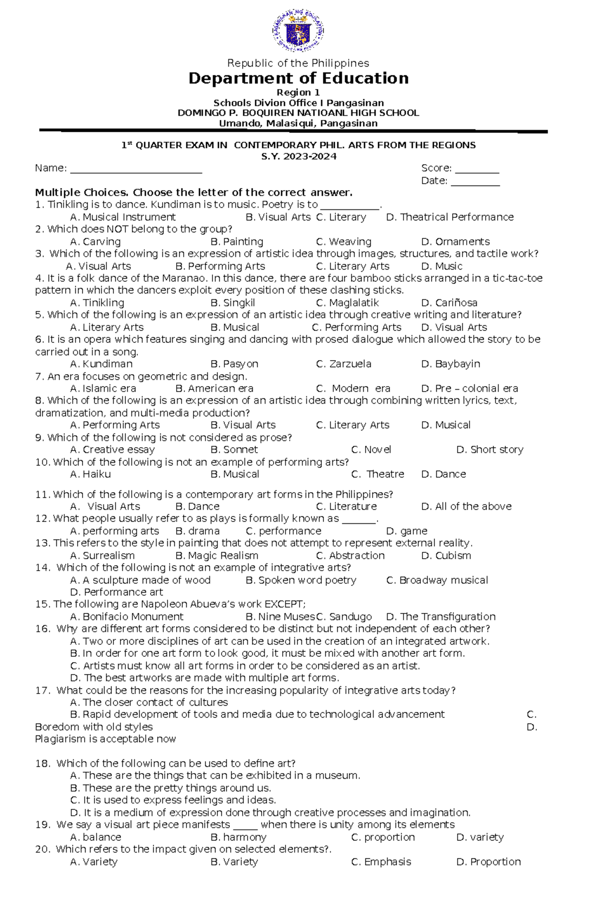 CPAR Test-Question - test question - Republic of the Philippines ...