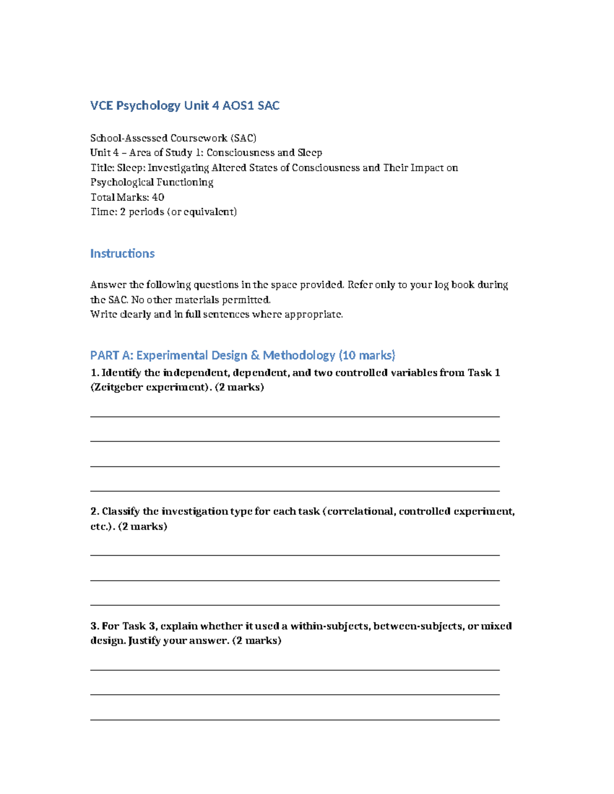 VCE Psych Unit 4 AOS1 SAC: Sleep & Altered States of Consciousness ...