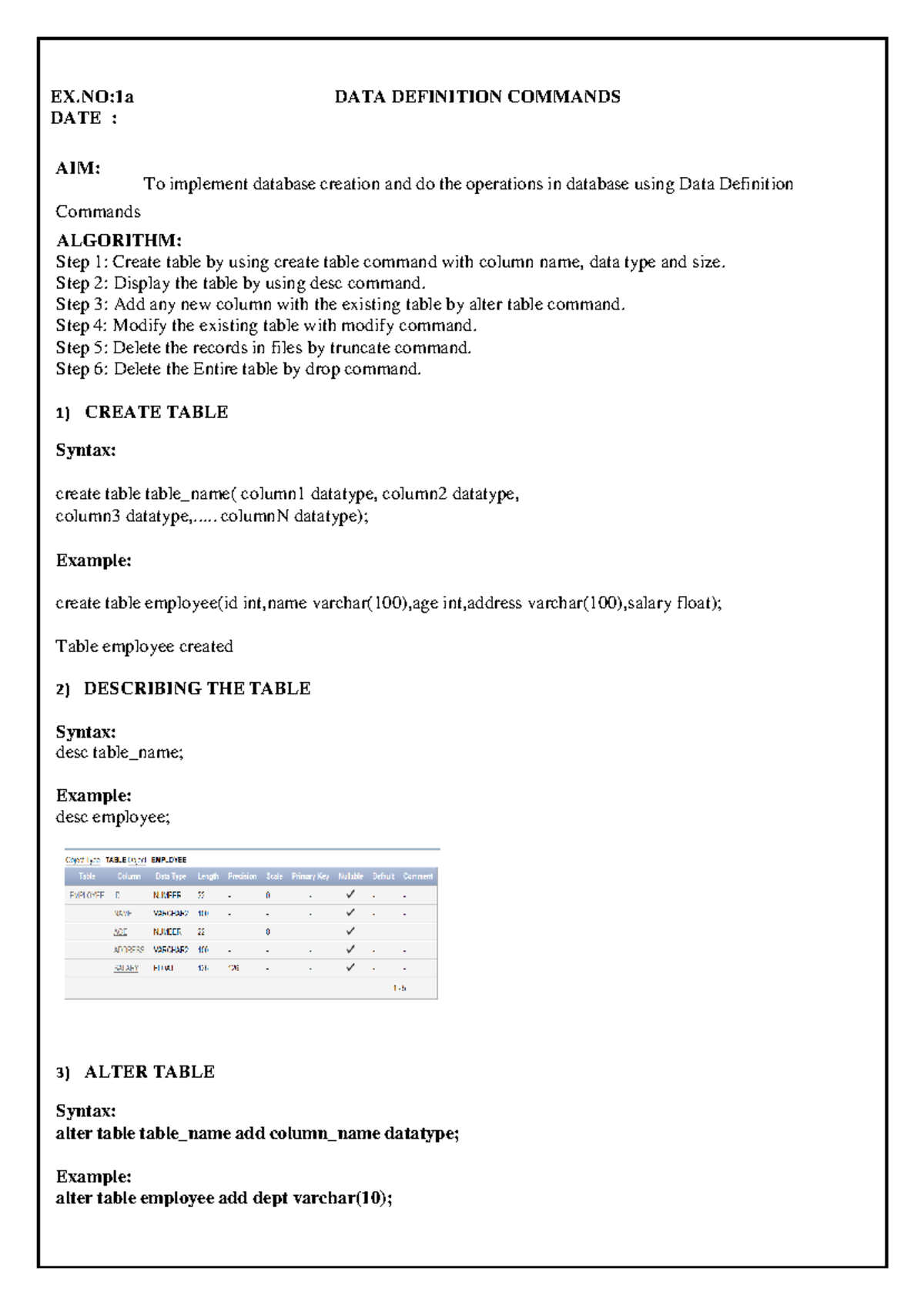 DBMS Final 27 - It's for 2nd year - EX:1a DATA DEFINITION COMMANDS DATE ...