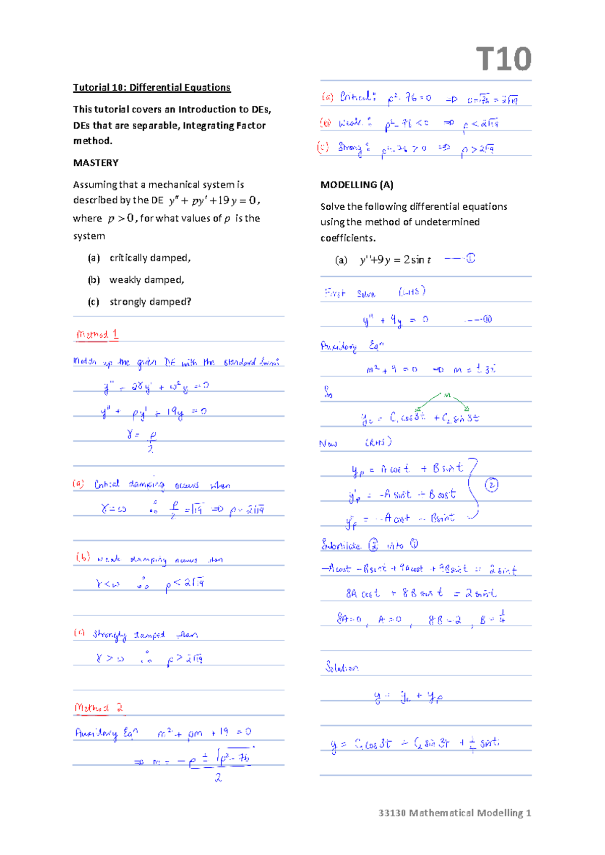 T10 Solutions - Tutorial work - Tutorial 10: Differential Equations ...