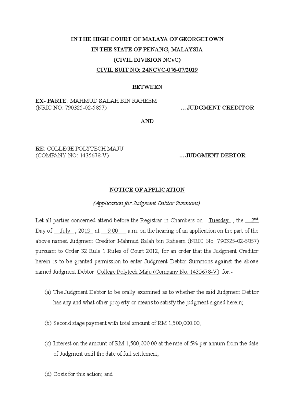 Notice of Application & Affidavit in Support for Judgment Debtor - Studocu