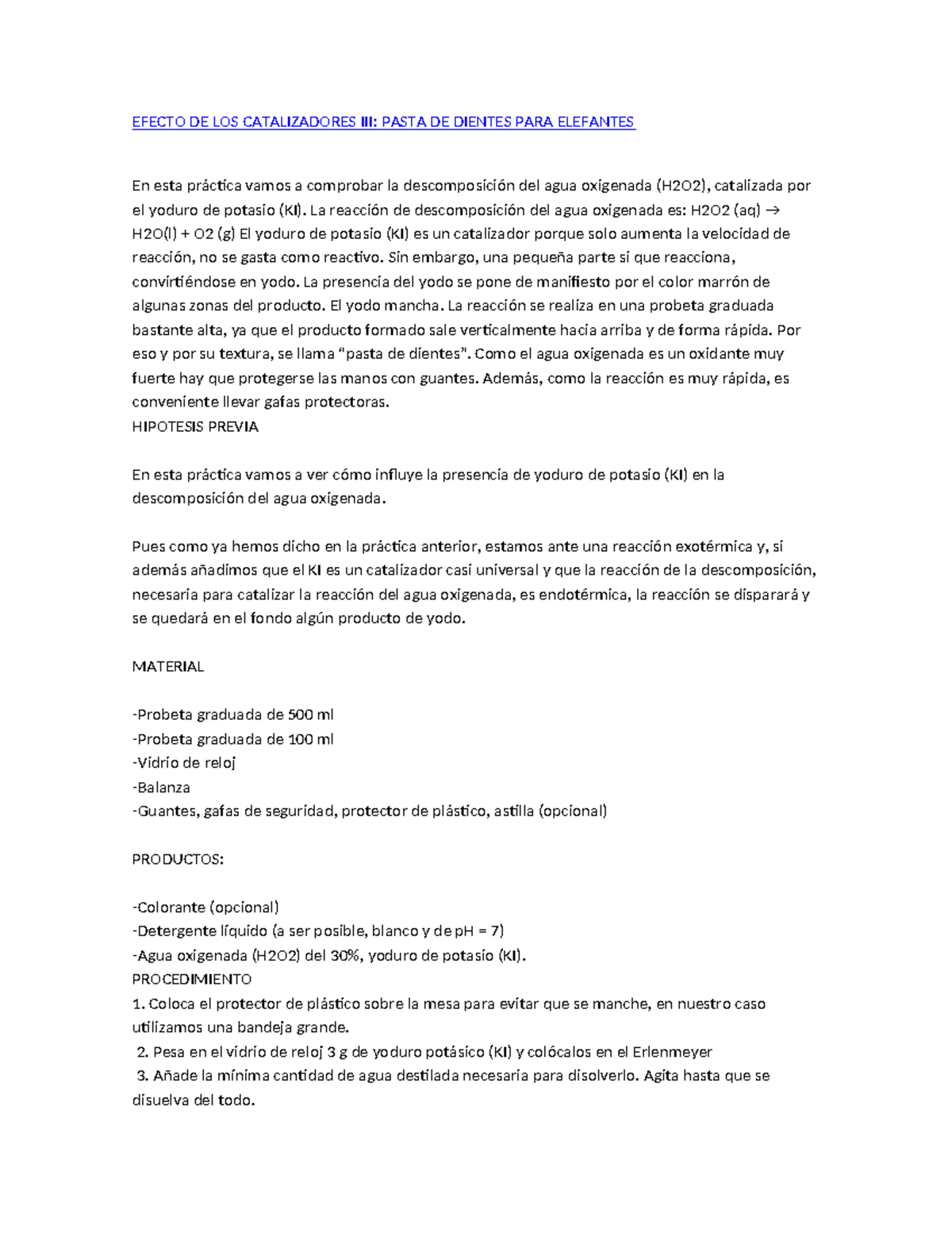 324854947 Efecto del Yoduro de Potasio en H2O2: Pasta de Dientes - Studocu