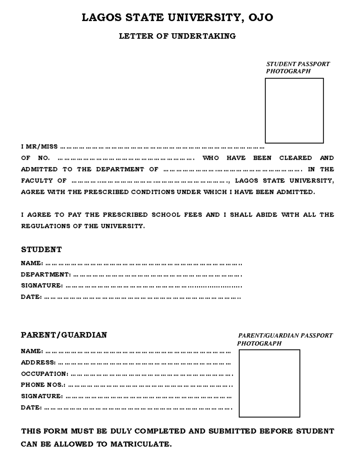 Student undertaking form - LAGOS STATE UNIVERSITY, OJO LETTER OF ...