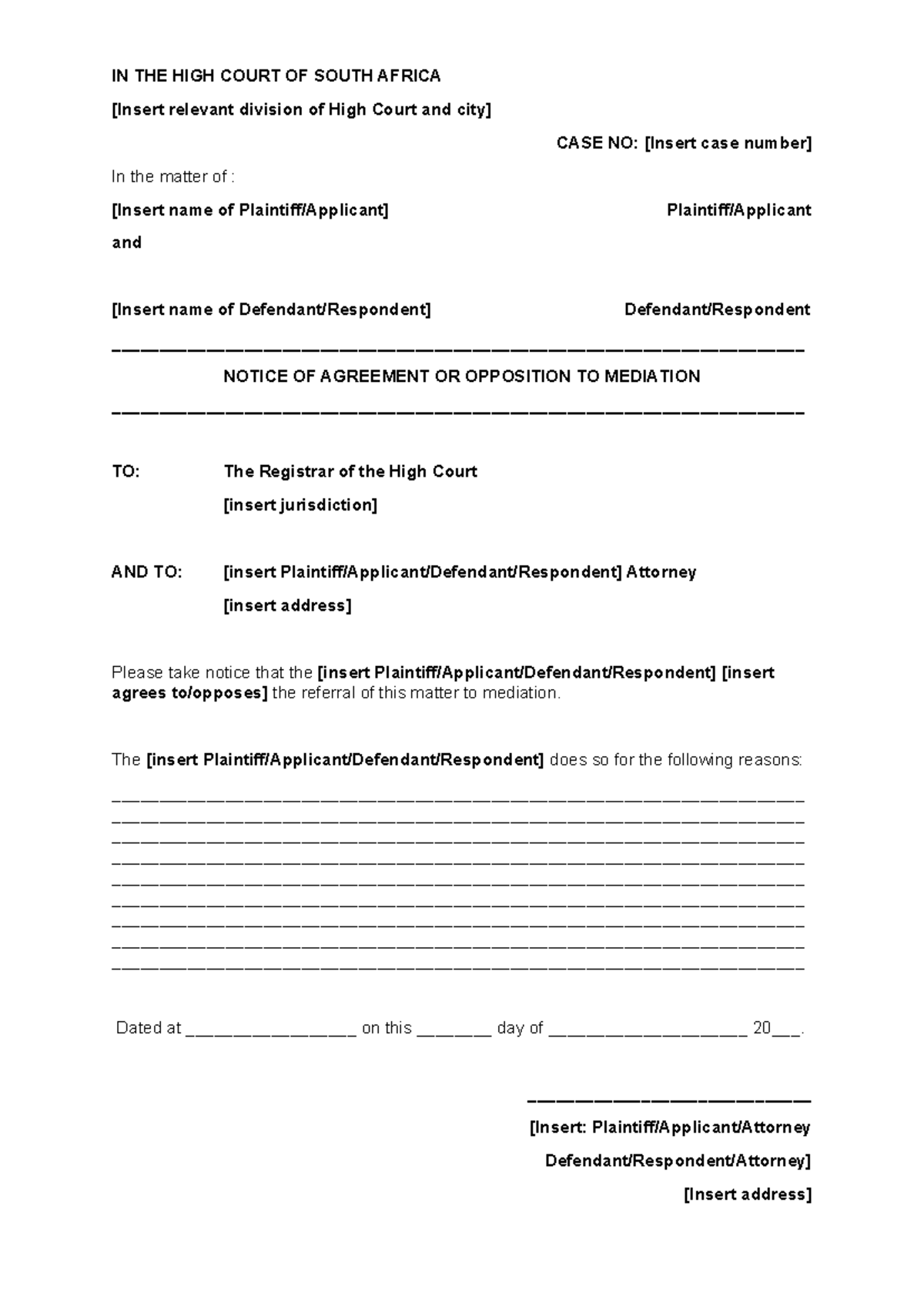Notice of agreement or opposition to mediation - IN THE HIGH COURT OF ...