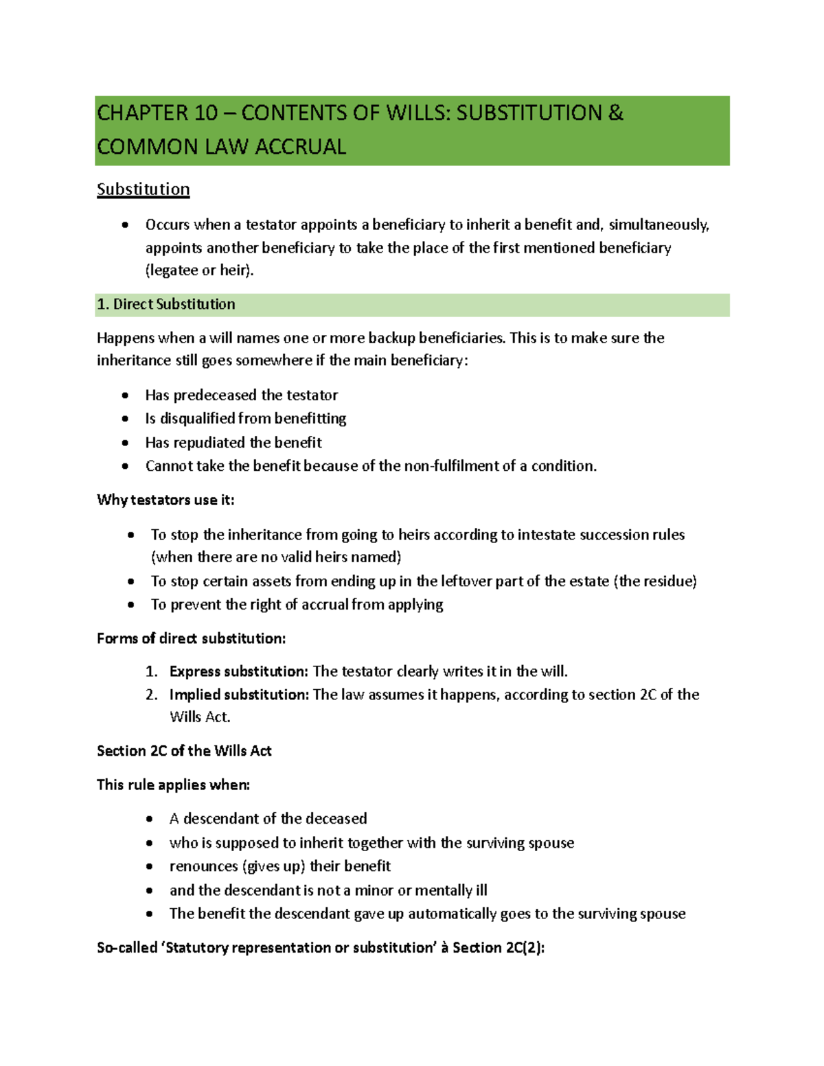 CHAPTER 10: WILLS - SUBSTITUTION & COMMON LAW ACCRUAL - Studocu