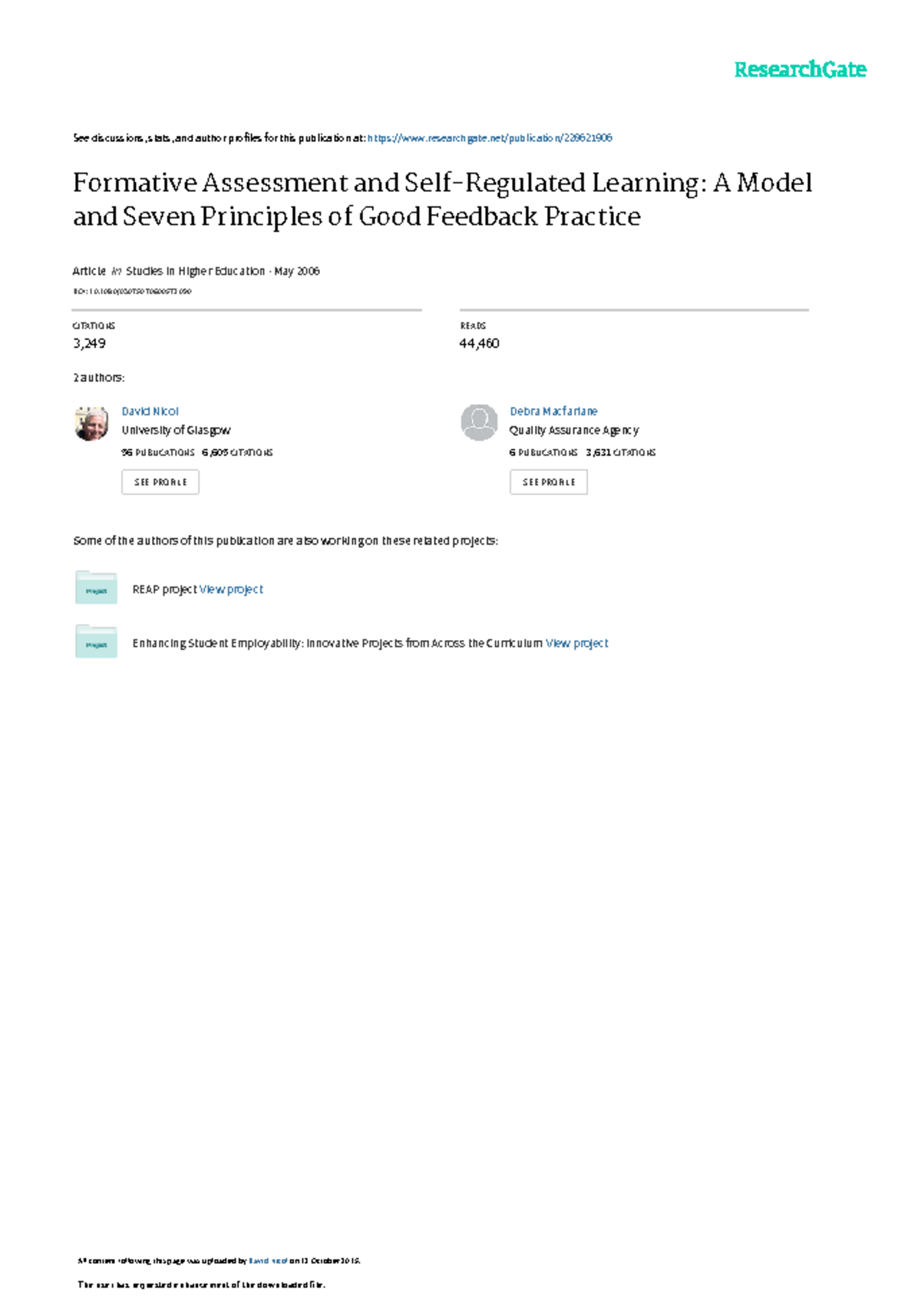 Formative Assessment & Self-Regulated Learning: Key Principles (2006 ...