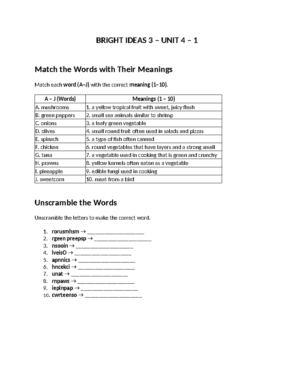 Bright Ideas 3 - Unit 4: Vocabulary Matching & Exercises - Studocu