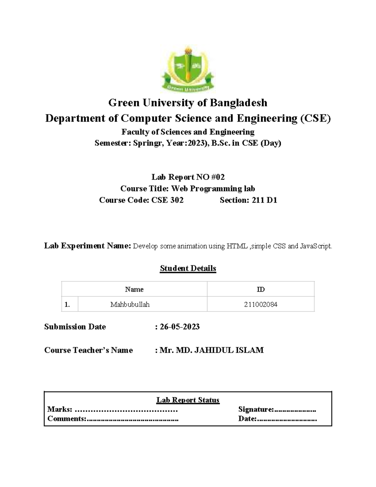 211002084 Lab report 2 - Green University of Bangladesh Department of ...