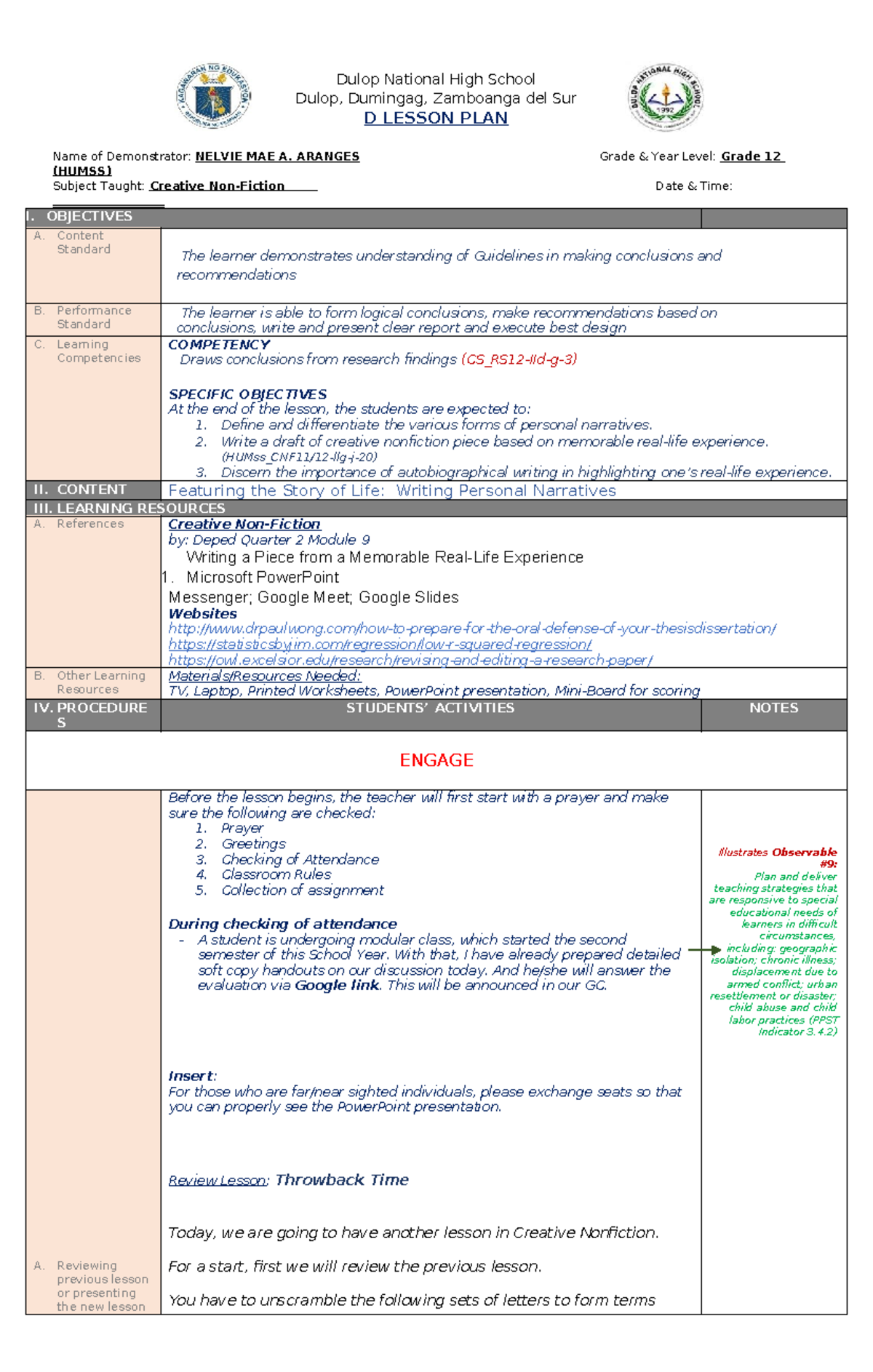 Q-2 Lesson Plan: Writing Personal Narratives for Grade 12 (HUMSS) - Studocu