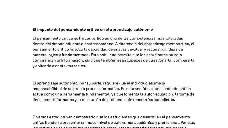 El impacto del pensamiento crítico en el aprendizaje autónomo: Análisis ...