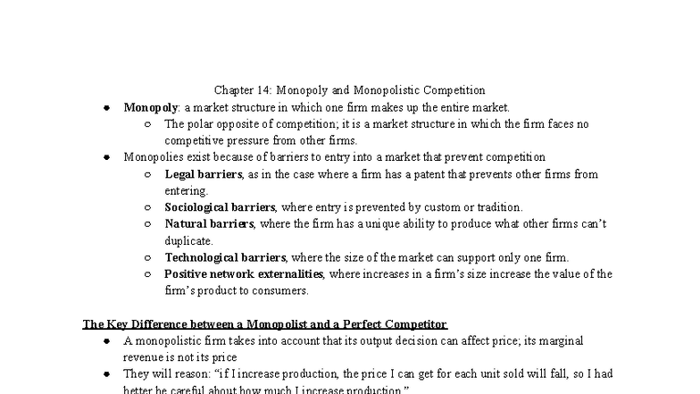 Chapter 14: Monopoly vs. Monopolistic Competition Analysis - Studocu