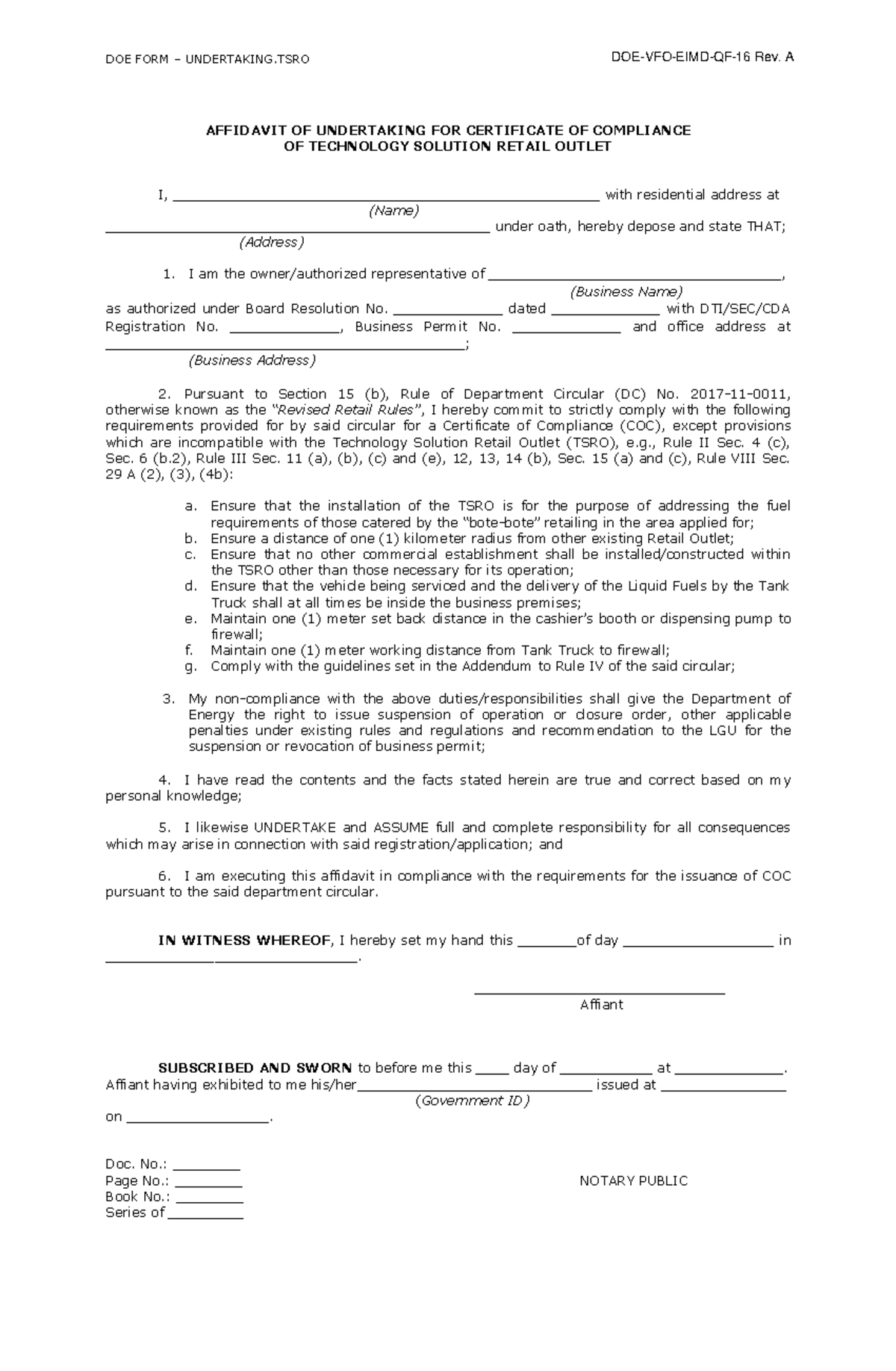 TSRO Undertaking Form for Certificate of Compliance - Studocu