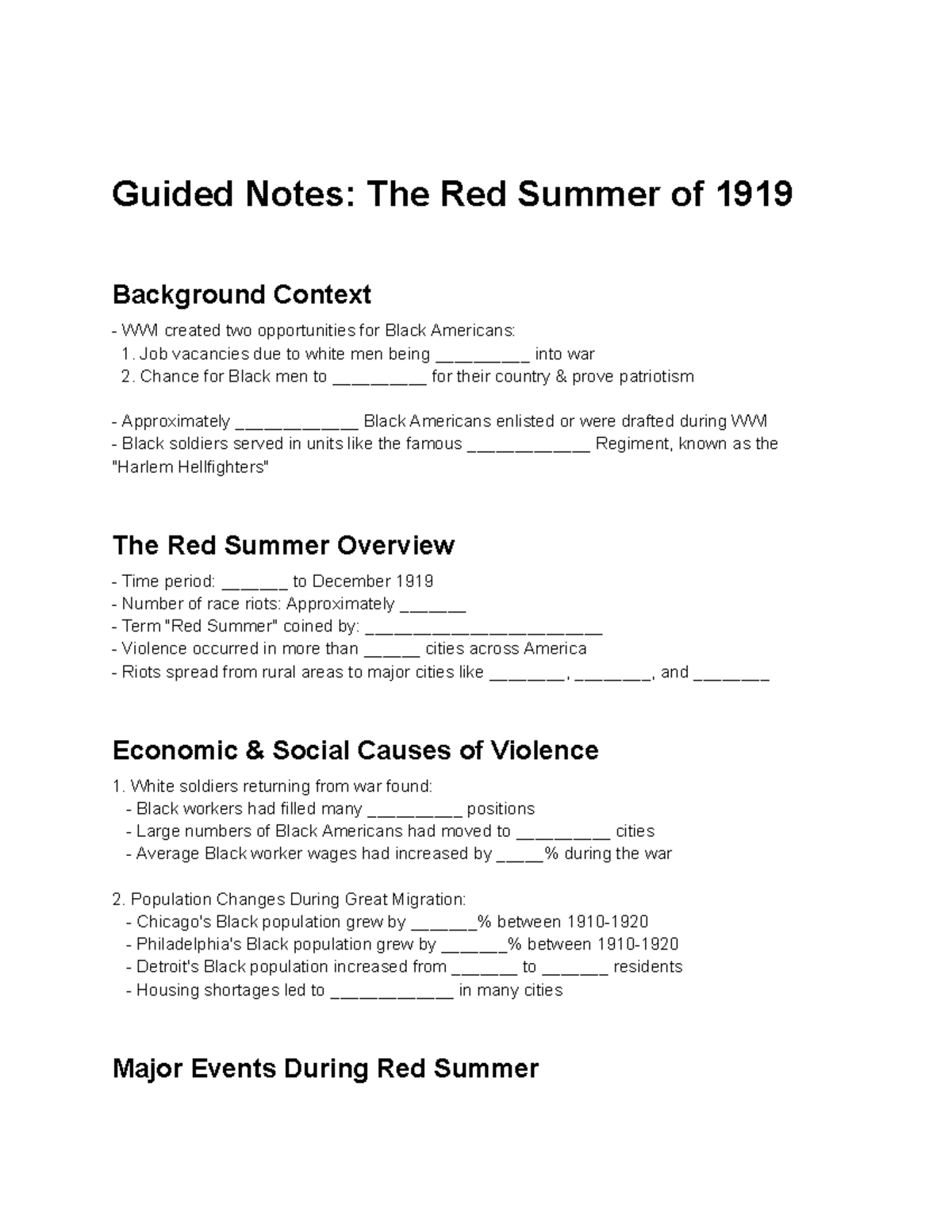 Guided Notes: Red Summer 1919 - Key Events and Social Impact - Studocu