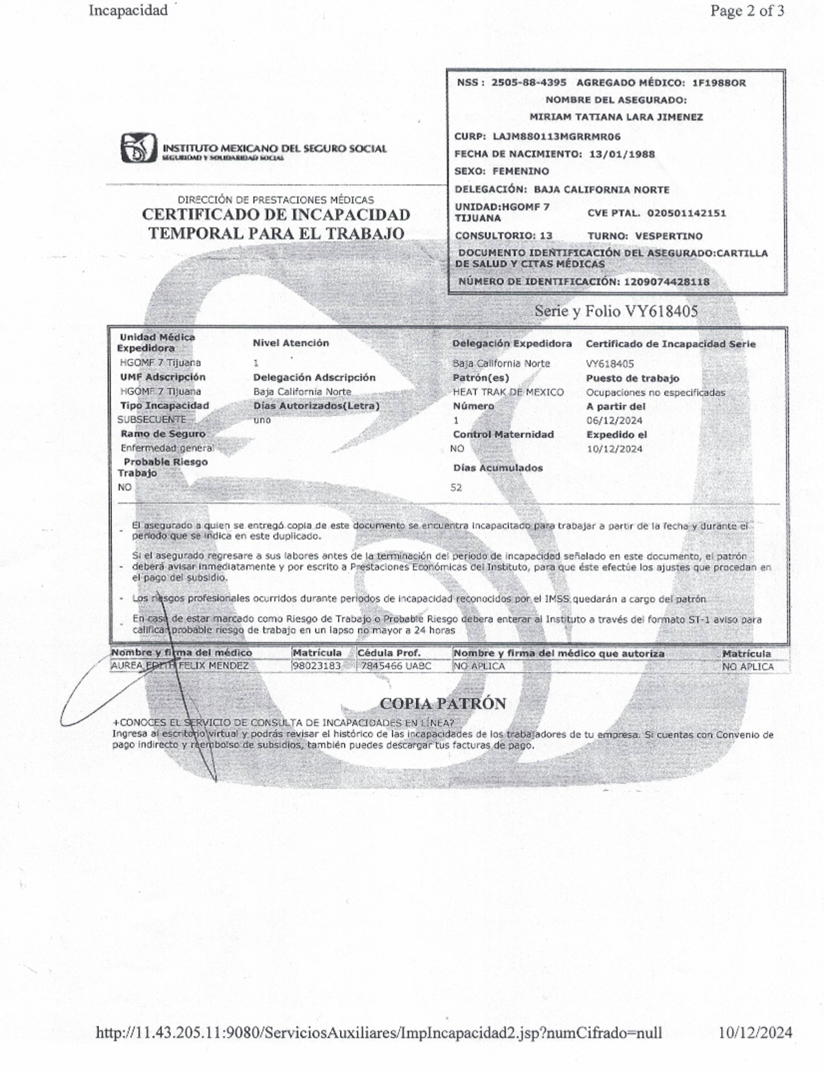 Certificado de Incapacidad IMSS - Miriam Lara - Baja California Norte ...