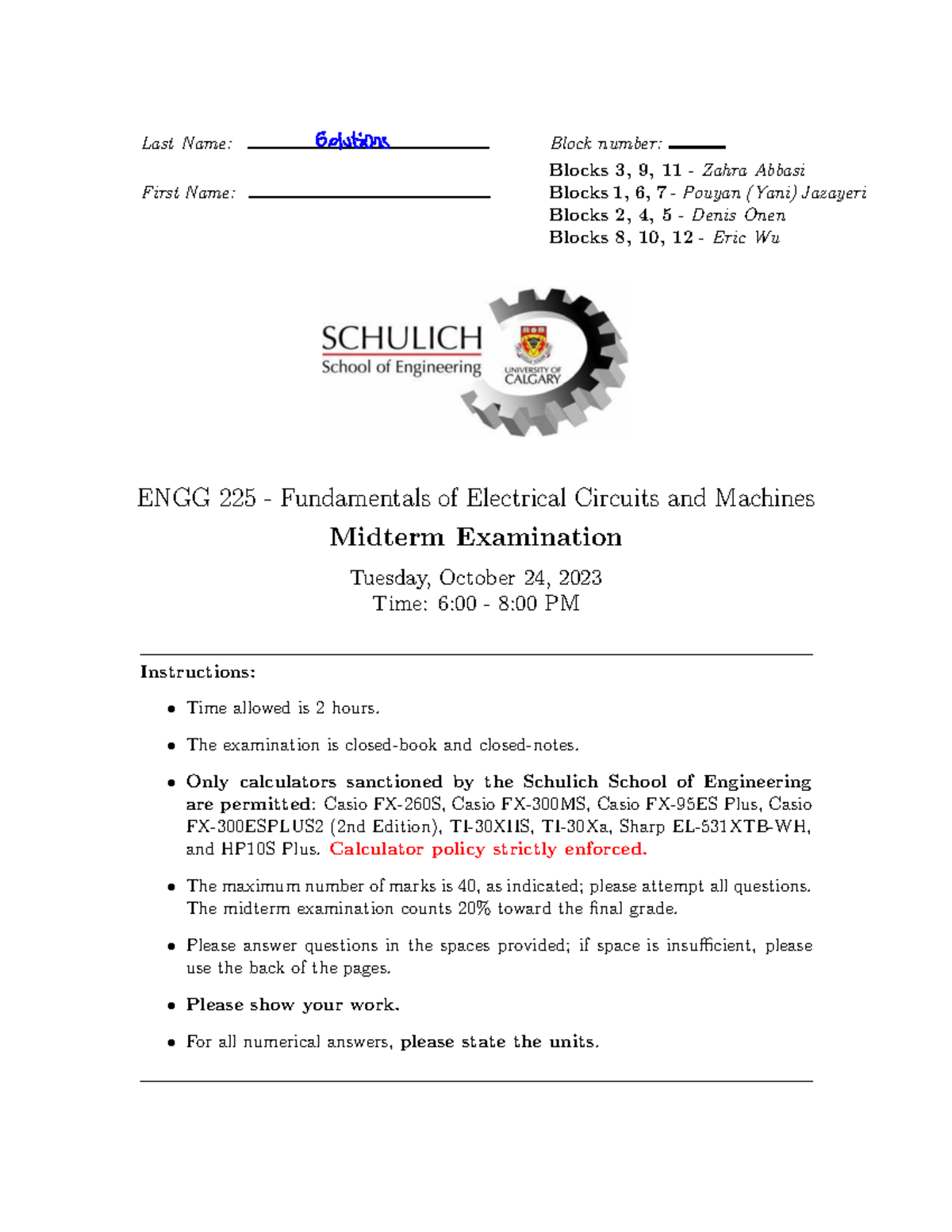 ENGG 225 Midterm Exam Solutions - Fall 2023 - Studocu