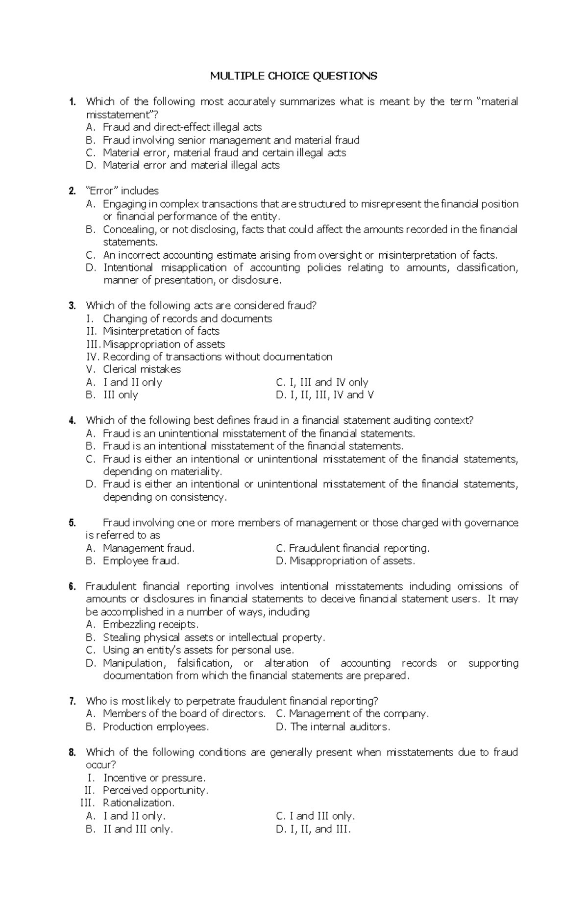 CPAR MANILA AT Quiz 2: Multiple Choice Questions on Fraud - Studocu