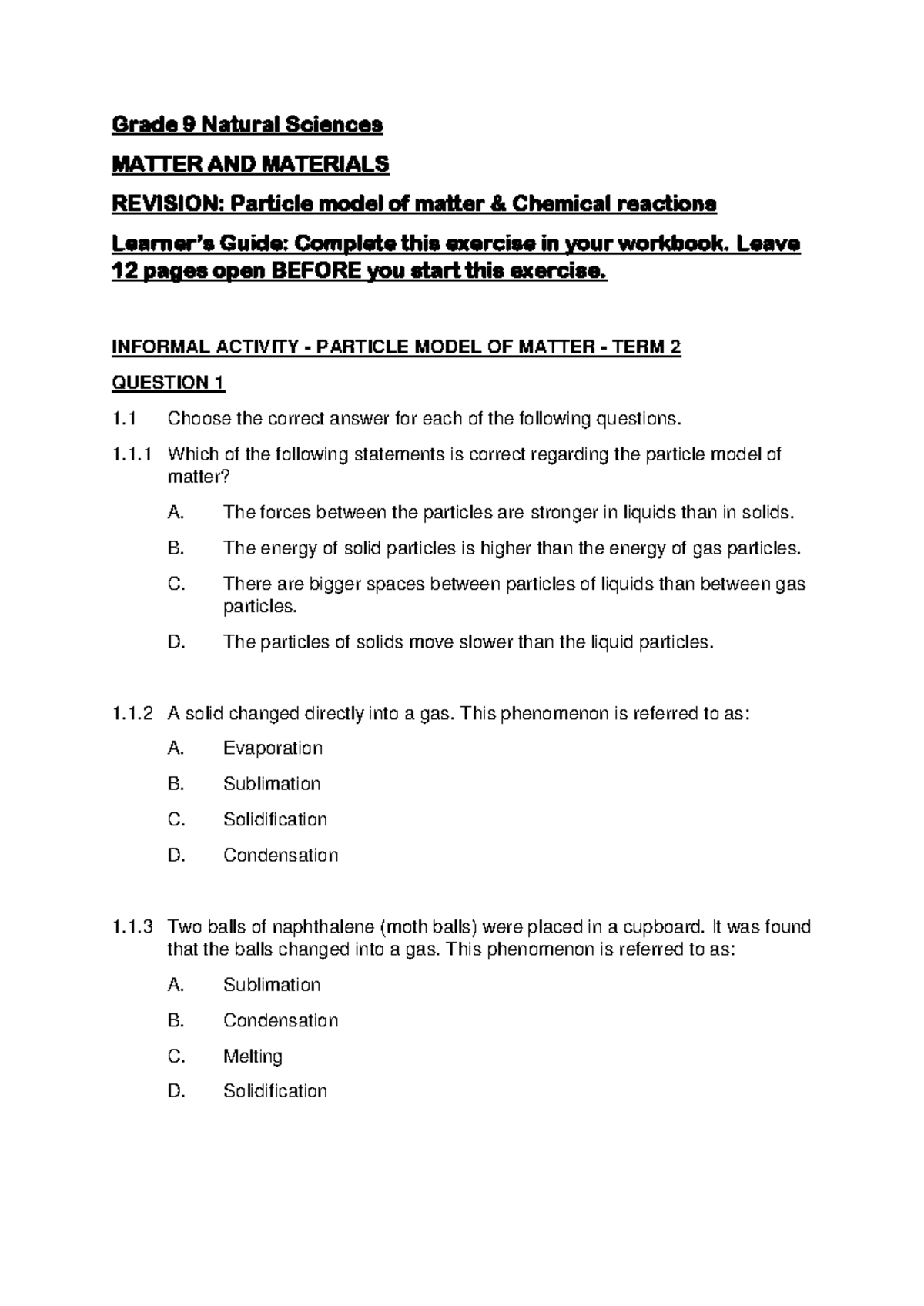 Gr 9 NS Matter & Materials Revision: Particle Model & Reactions - Studocu