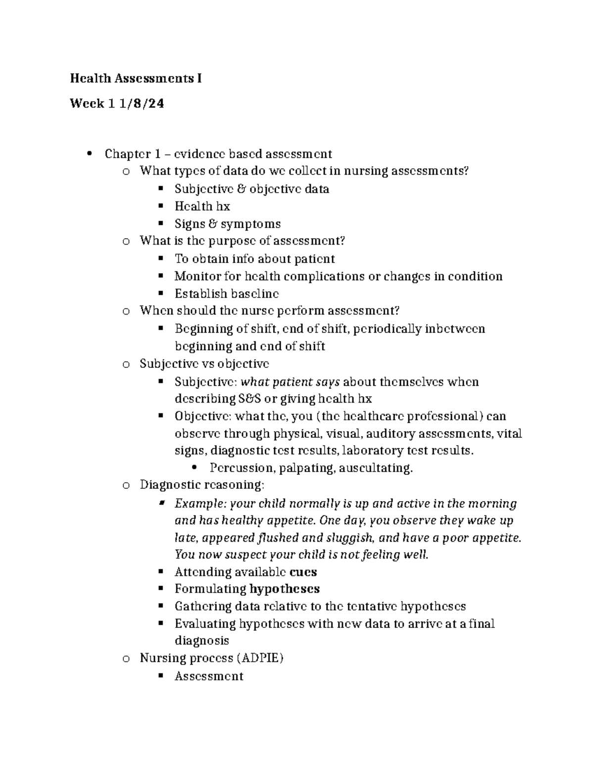 Health Assessments I: Week 1 Overview and Key Concepts - Studocu