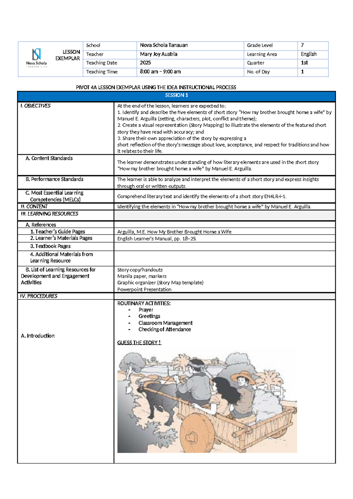 IDEA Lesson Exemplar: Analyzing Short Story Elements (Grade 7) - Studocu