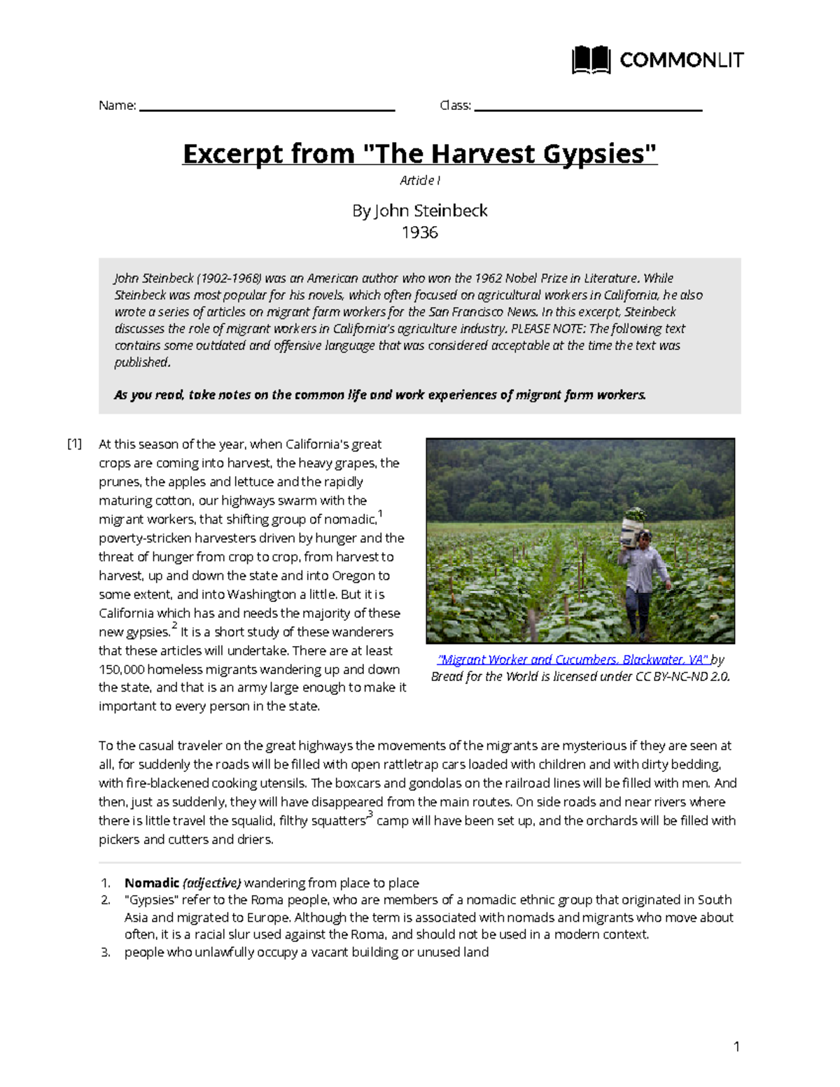 Excerpt Analysis of "The Harvest Gypsies" - Teacher Notes - 12 - Studocu