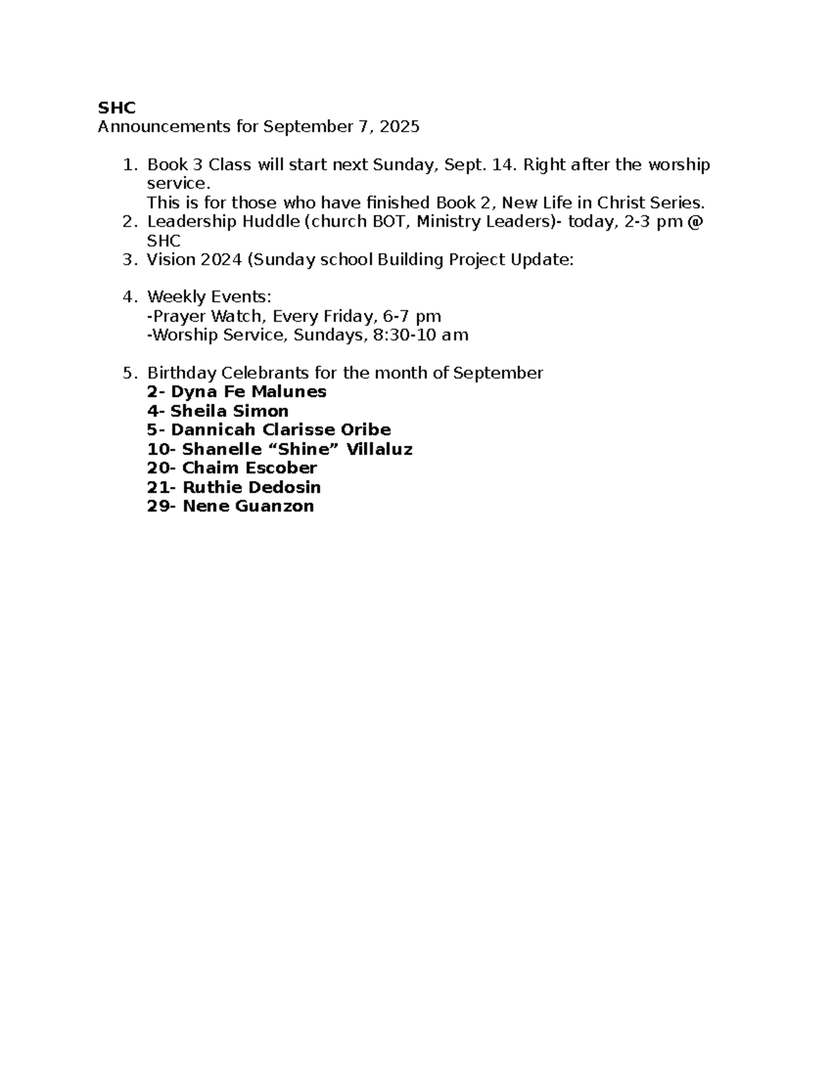 SHC-Announcements-090725 - SHC Announcements for September 7, 2025 1 ...