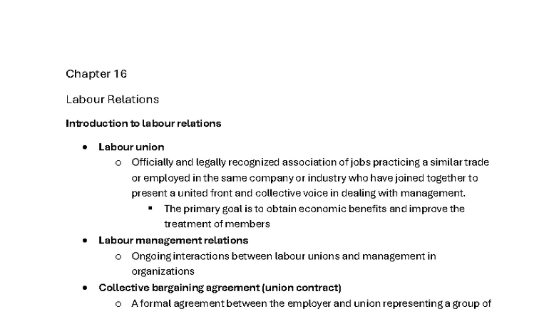 Chapter 16 - HRM: Labour Relations Overview and Key Concepts - Studocu