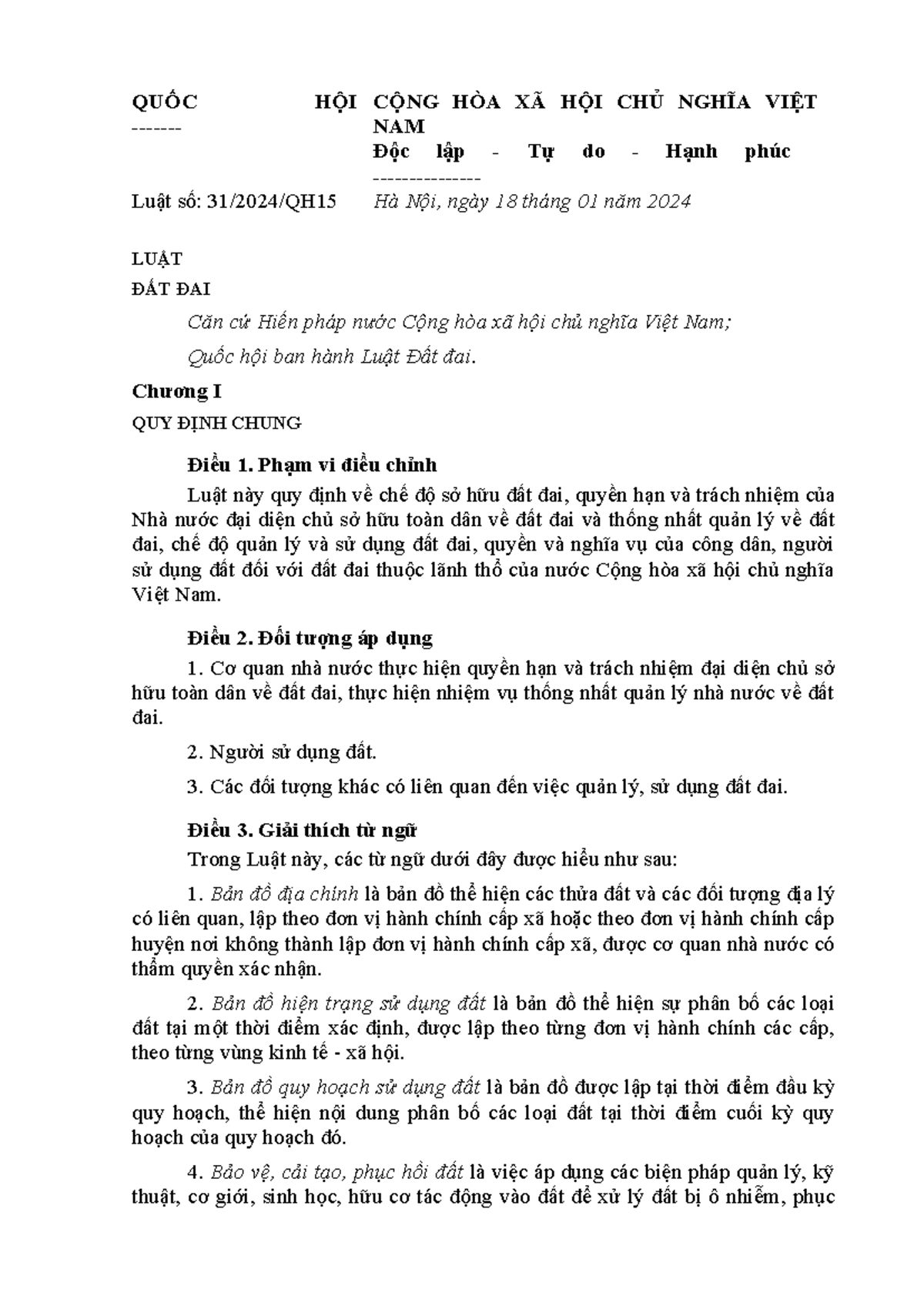 Luật Đất Đai 31/2024 QH15: Quy Định và Trách Nhiệm - Studocu