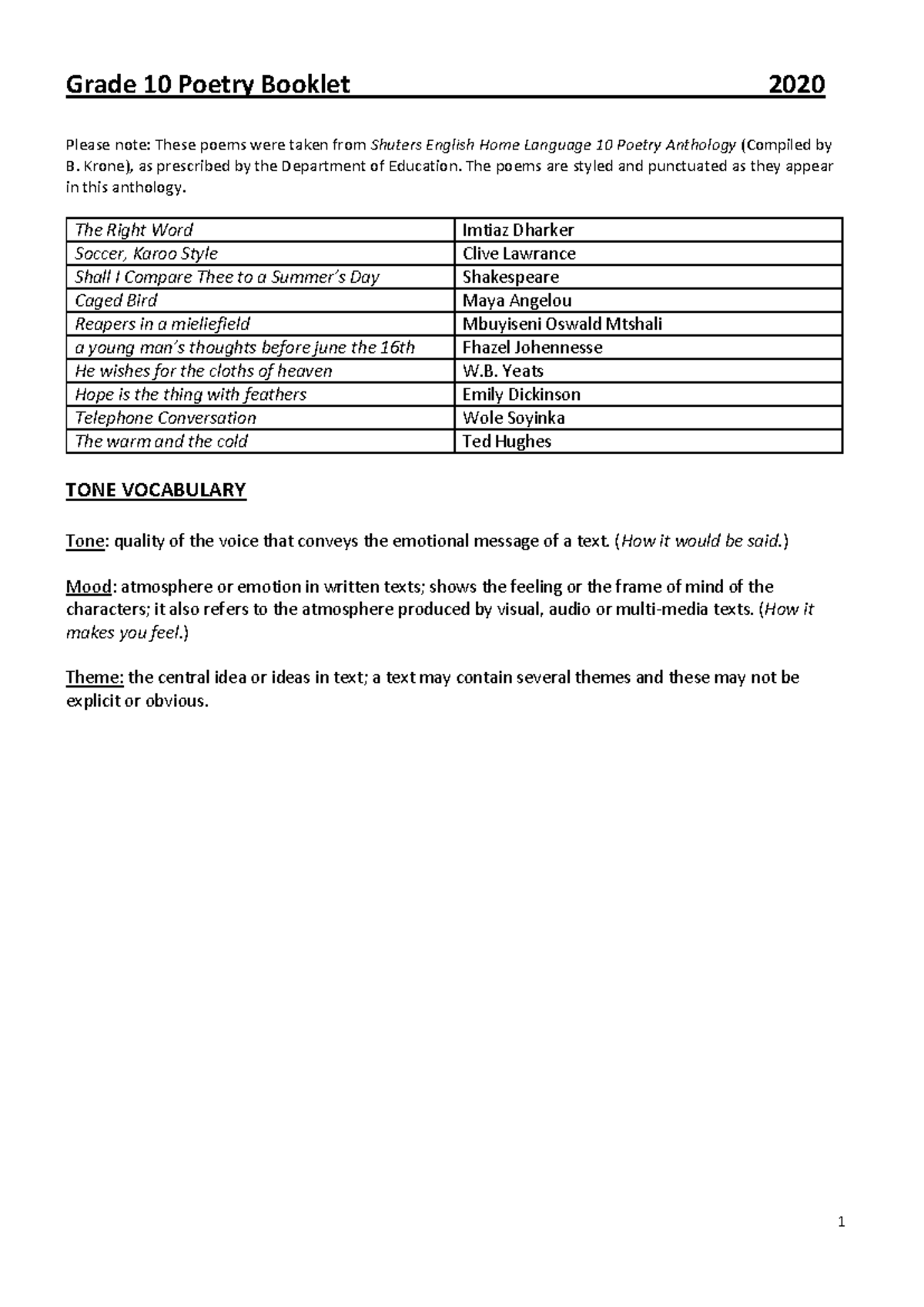 Grade 10 Poetry Booklet: An Anthology of Classic Works - Studocu