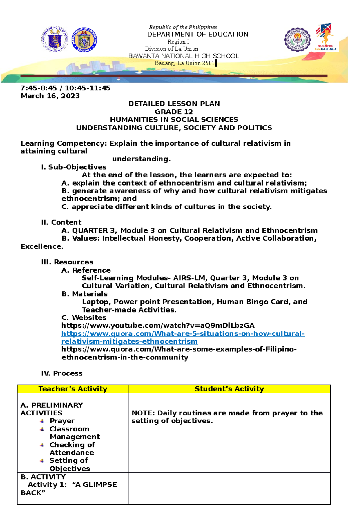 Revised Detailed Lesson Plan on Cultural Relativism - UCSP COT1 - Studocu