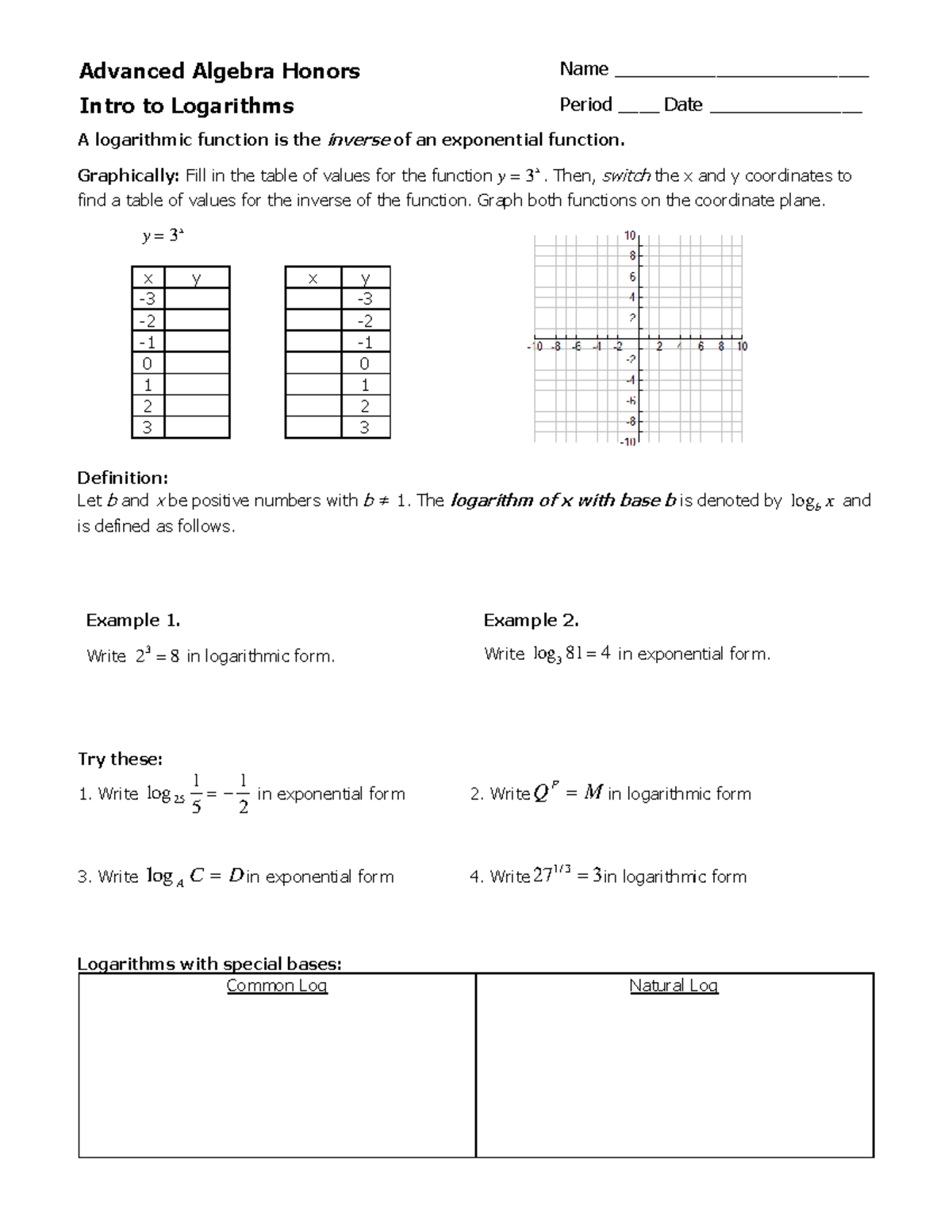 Advanced Algebra Honors: Intro to Logarithms - Day 09 Notes - Studocu