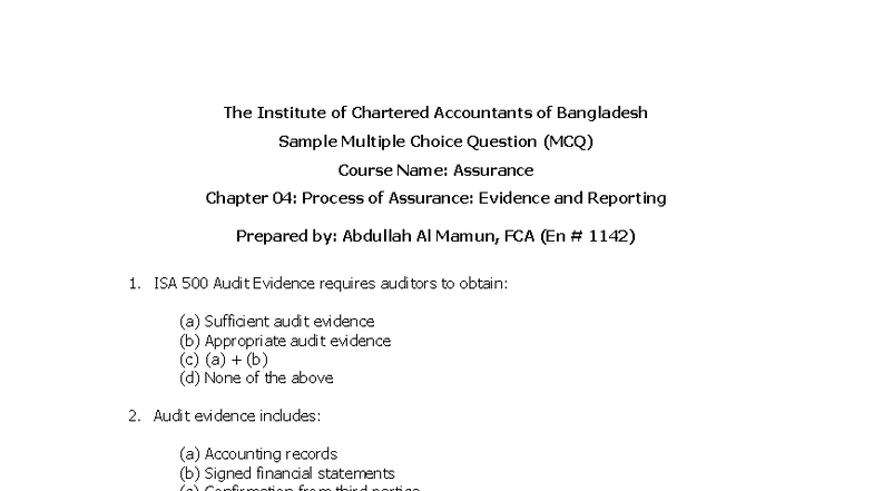 Sample MCQ for Assurance (En 1142) - Chapter 04: Evidence & Reporting ...