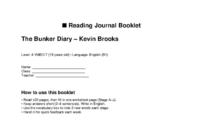 Bunker Diary Reading Journal Booklet (Level 4, English B1) - Studeersnel