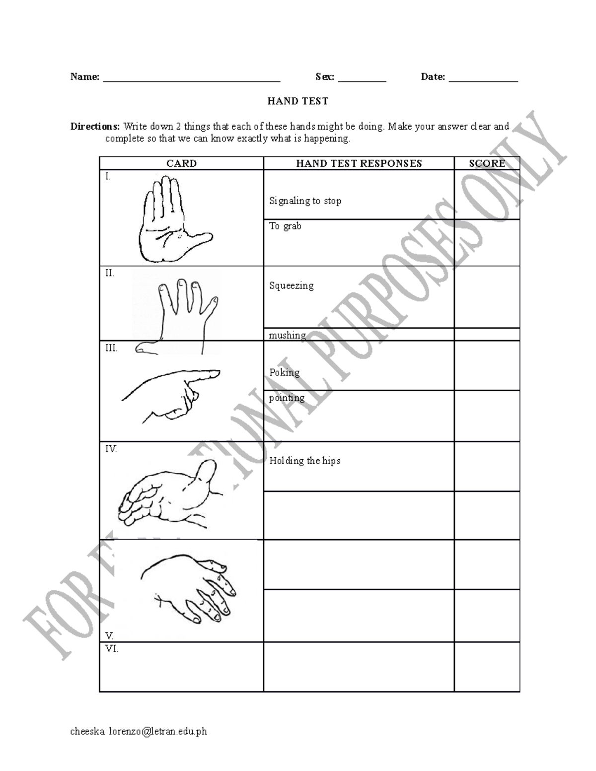 Hand Test Answer Sheet + Guide - Name ...