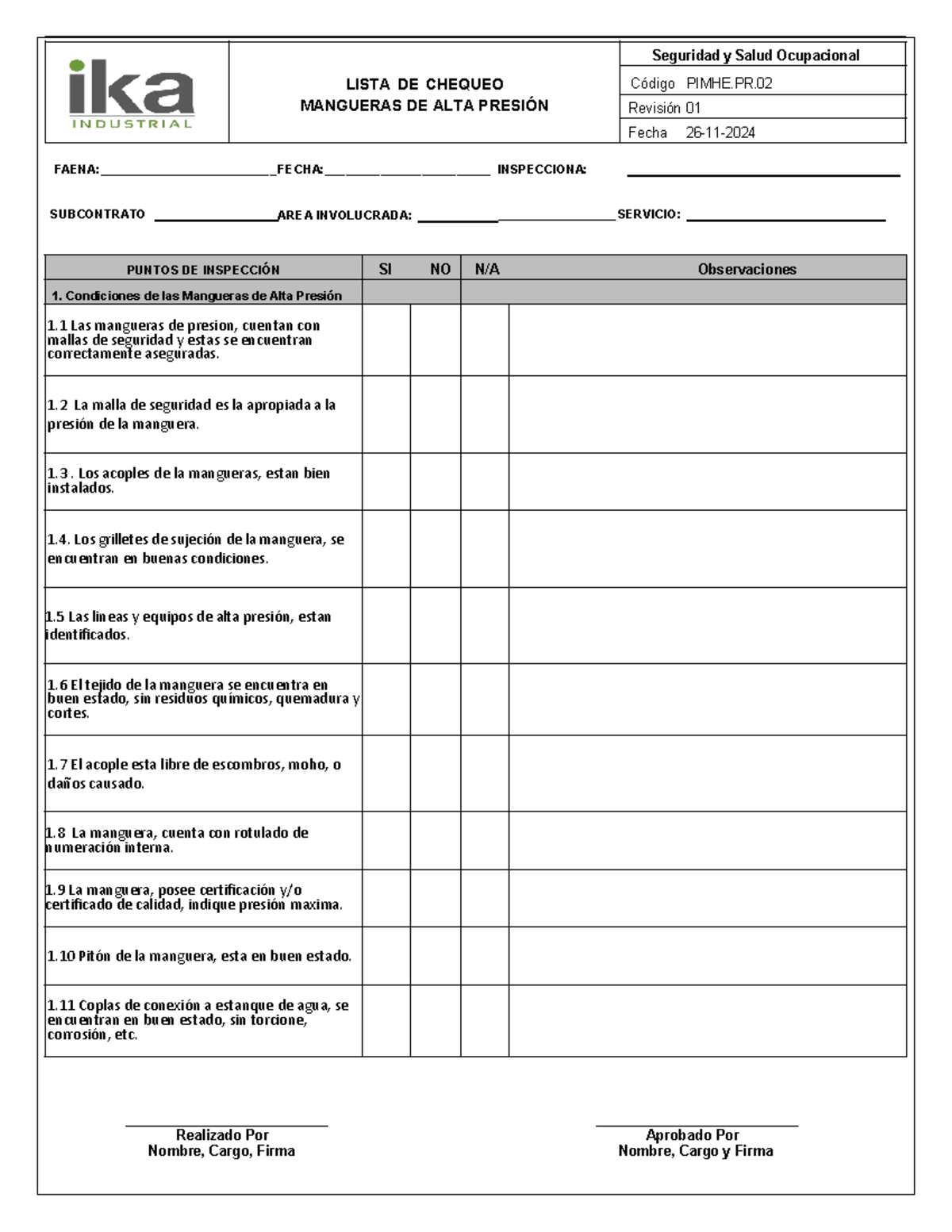 Checklist de Inspección de Mangueras de Alta Presión PIMHE Rev. 01 ...
