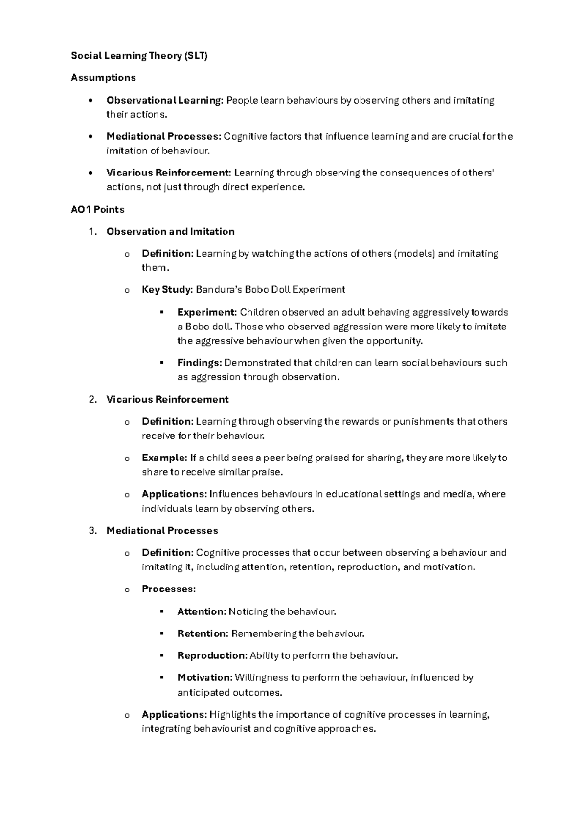 SLT Essay Plan - AO1 Notes on Social Learning Theory Explained - Studocu