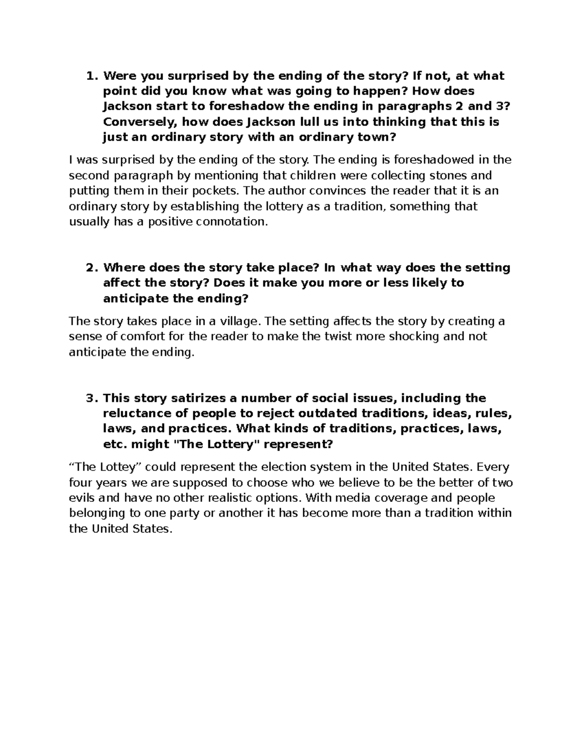 The Lottery Questions - Essay question - Were you surprised by the ...