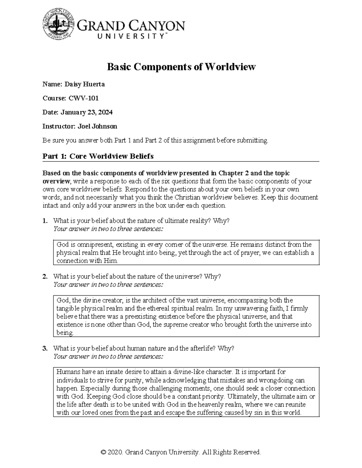 CWV 101 301 RS T1 Core Beliefs and Evaluation of Personal Worldview - Studocu