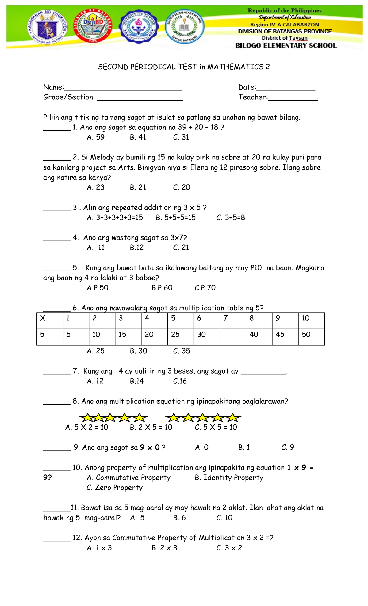 PT Mathematics 2 Second Periodical Test Questions and Answers - Studocu