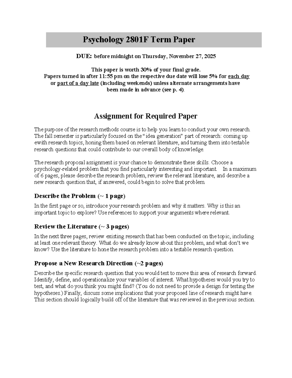 Psychology 2801F Research Proposal Guidelines for Fall 2025 - Studocu
