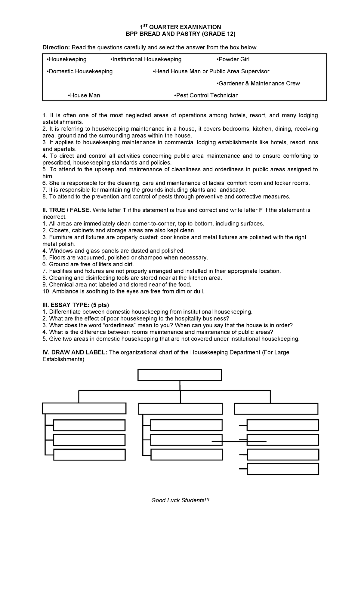 CHAN BPP 1ST Quarter Examination - 1 ST QUARTER EXAMINATION BPP BREAD ...